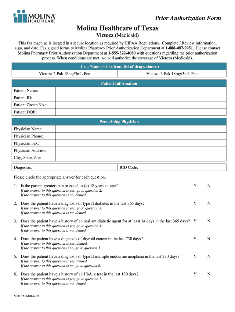 Fillable Online Victoza Prior Authorization Form - Molina Healthcare ...