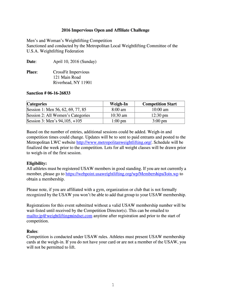 Fillable Online metropolitanweightlifting Men s and Woman s Weightlifting Competition ...