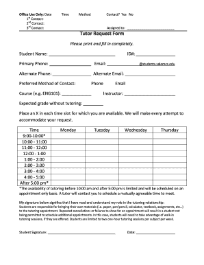 Fillable Online Tutor Request Form - Salem Community College Fax Email ...