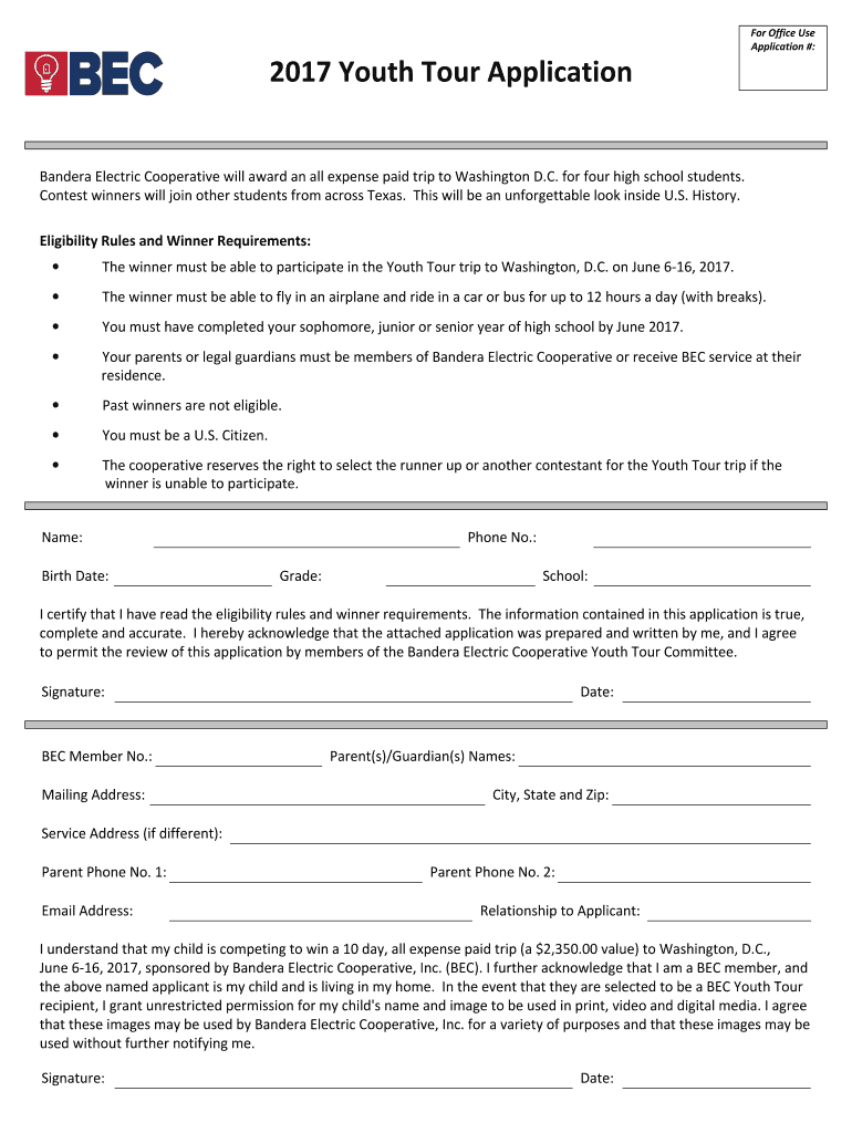 Fillable Online 2017 Youth Tour Application Fax Email Print - pdfFiller