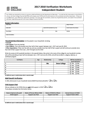 Fillable Online snow 2017-2018 Verification Worksheets Independent ...