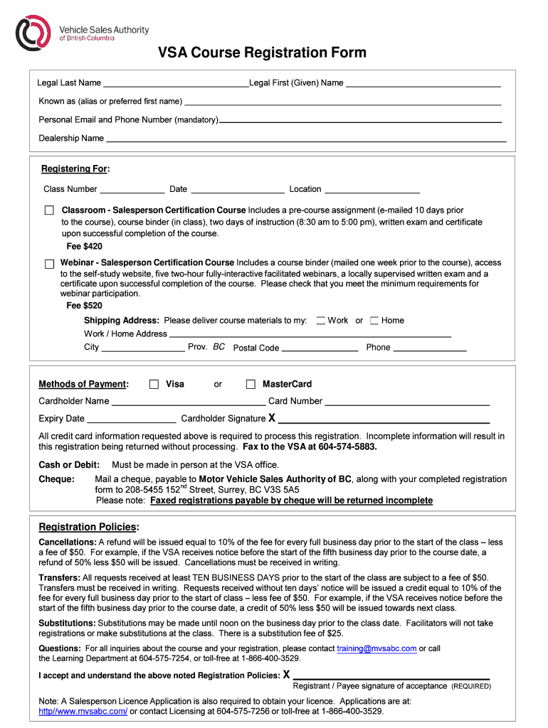 Fillable Online VSA Course Registration Form - mvsabc.com Fax Email ...