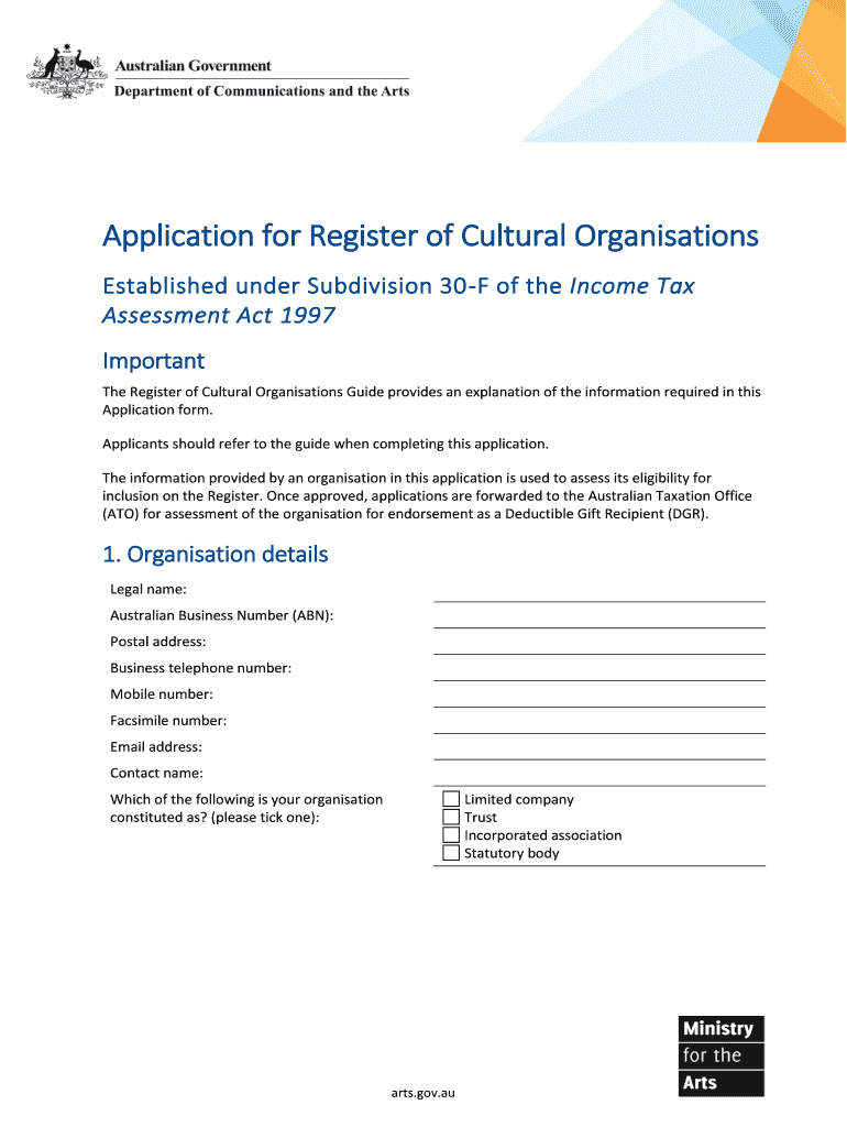 Fillable Online Application for Register of Cultural Organisations Fax ...