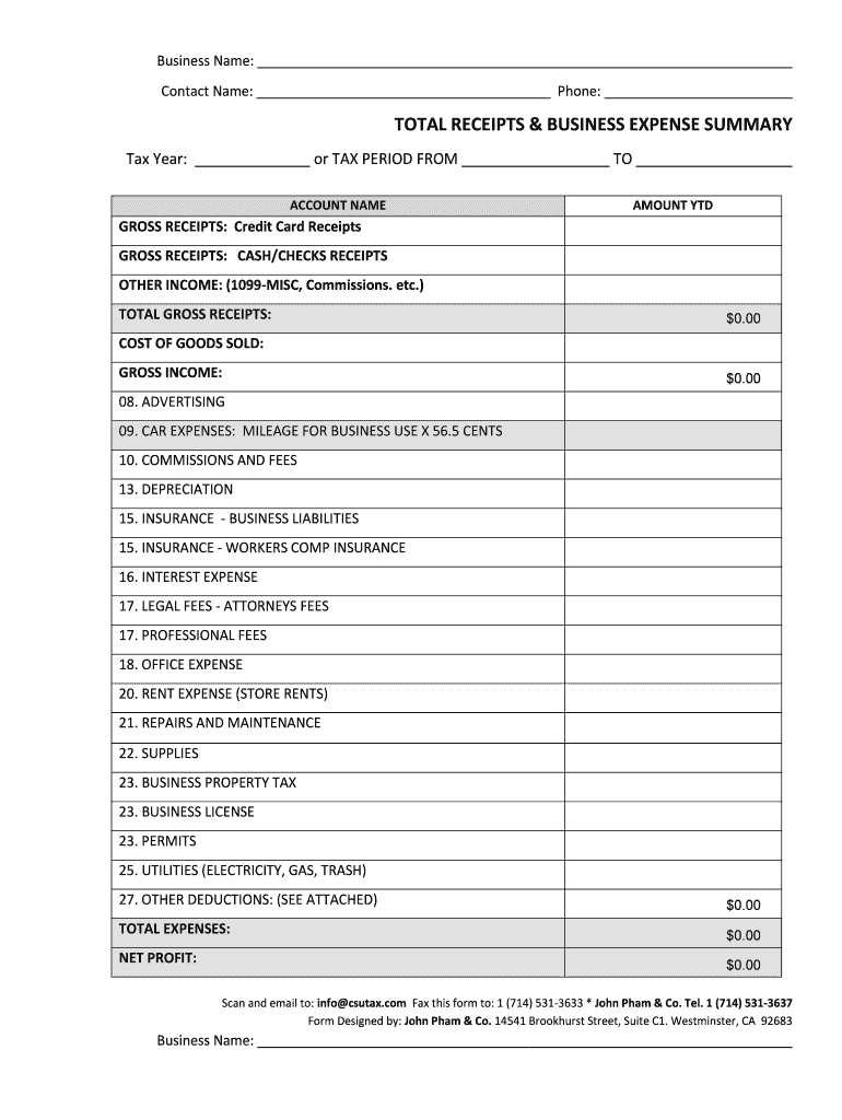 Fillable Online TOTAL RECEIPTS & BUSINESS EXPENSE SUMMARY Fax Email ...