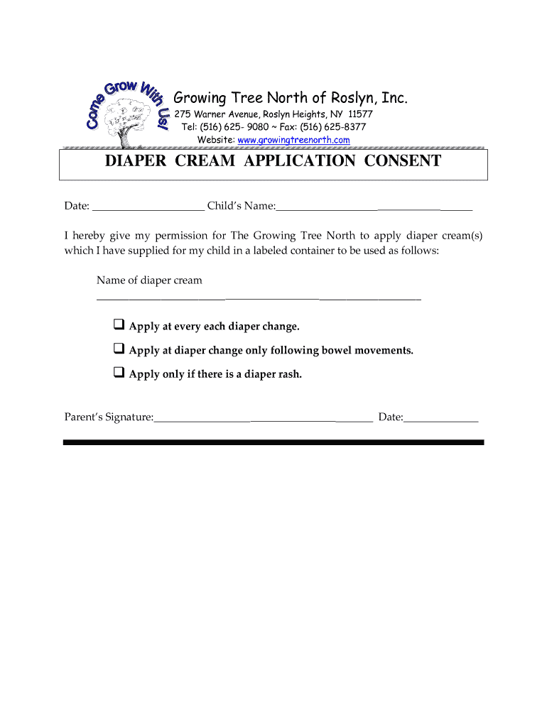 Fillable Online DIAPER CREAM APPLICATION CONSENT - Growing Tree North ...