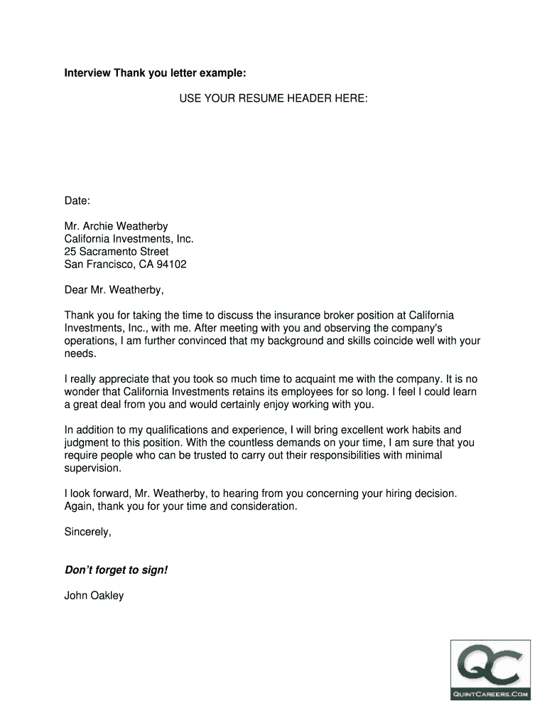 Fillable Online Interview Thank you letter example: Fax Email Print ...