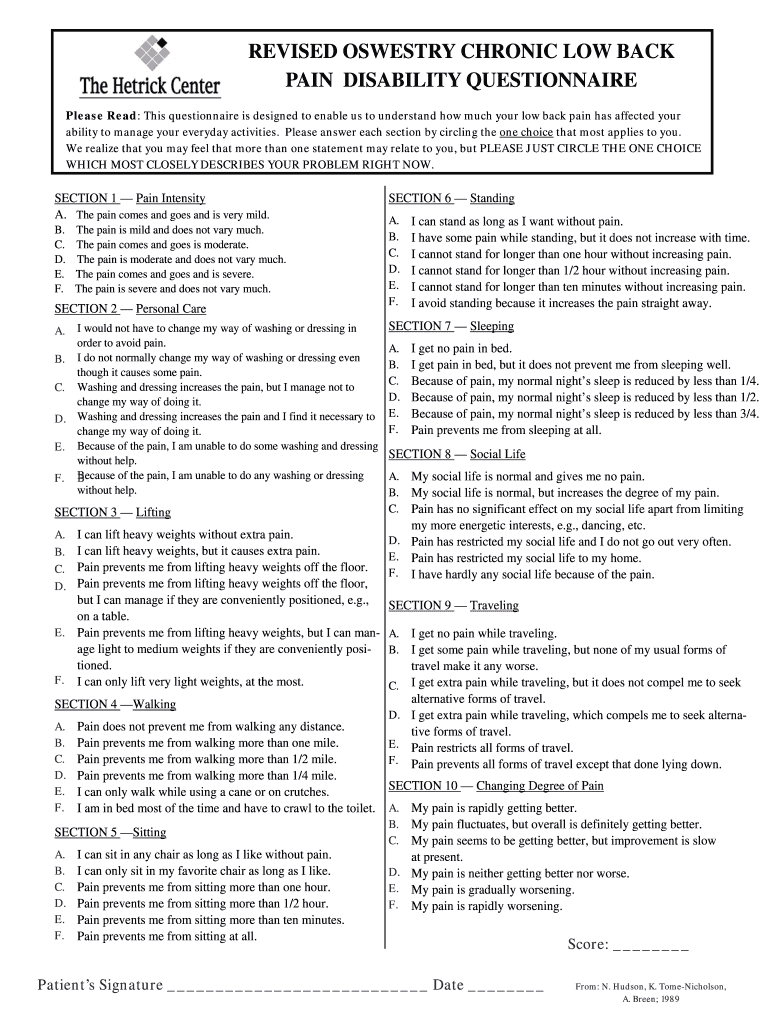 Fillable Online low back questionnaire - The Hetrick Center Fax Email ...