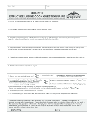 Fillable Online jobs mtbaker EMPLOYEE LODGE COOK QUESTIONNAIRE Fax ...