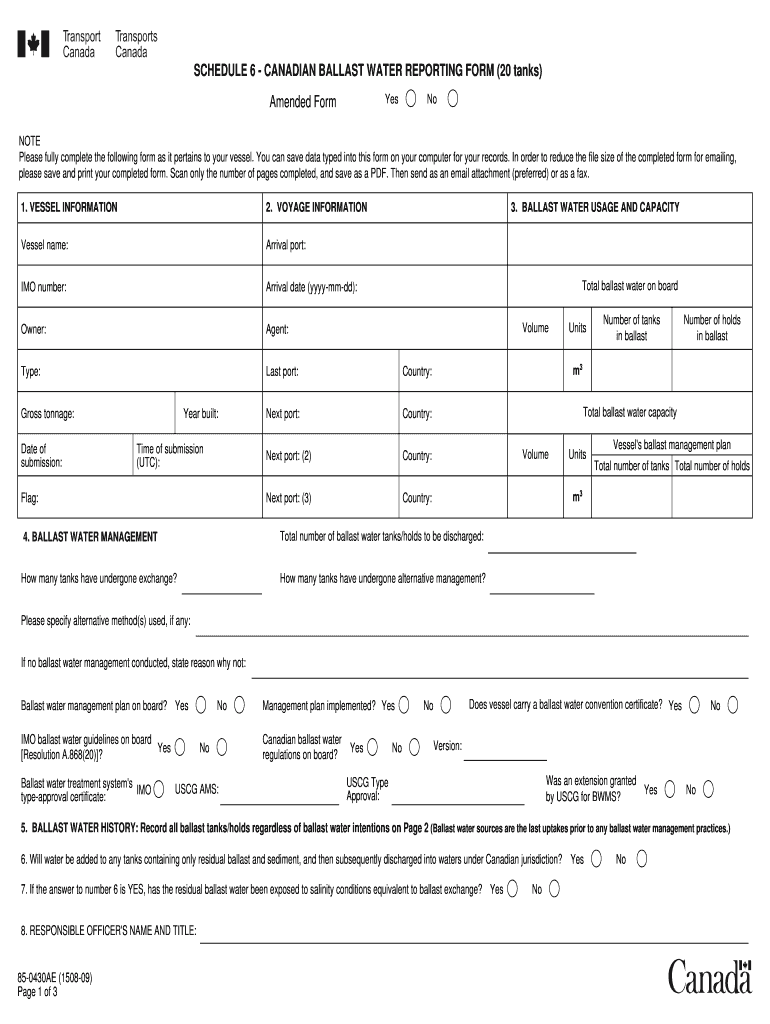 Fillable Online cosbc SCHEDULE 6 - CANADIAN BALLAST WATER REPORTING FORM (20 tanks) Fax Email ...