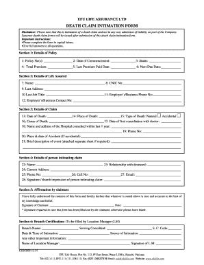 Fillable Online DEATH CLAIM INTIMATION FORM Disclaimer - efulife.com ...