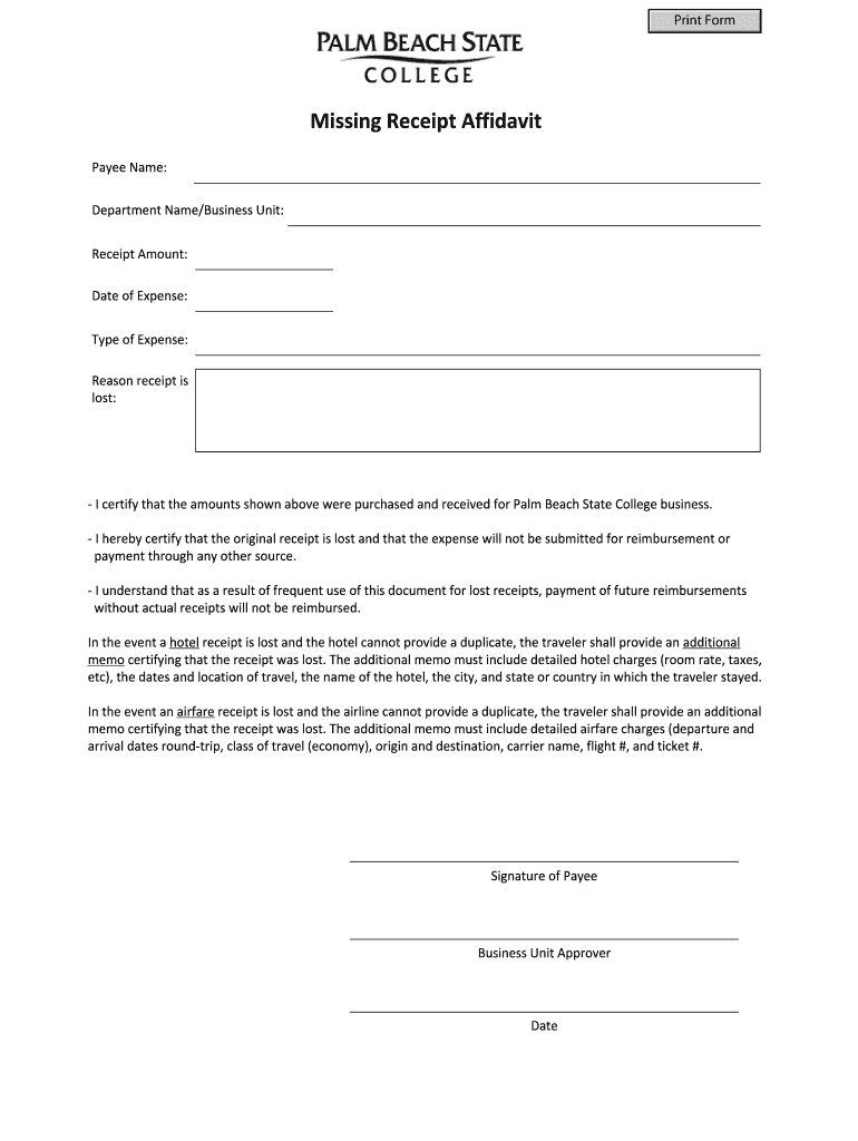 Fillable Online palmbeachstate Missing Receipt Affidavit - Palm Beach ...