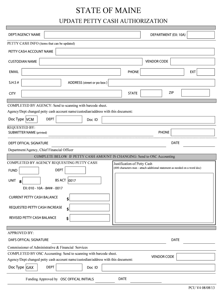Fillable Online UPDATE PETTY CASH AUTHORIZATION Fax Email Print - pdfFiller