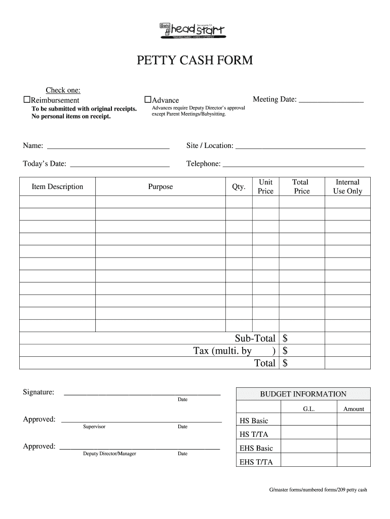 Fillable Online PETTY CASH FORM - headstart.seta.net Fax Email Print ...