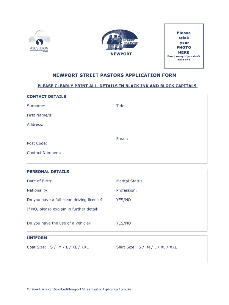 Fillable Online Newport Street Pastor Application Form Fax Email Print ...