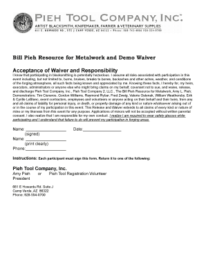 Fillable Online Bill Pieh Resource for Metalwork and Demo Waiver ...