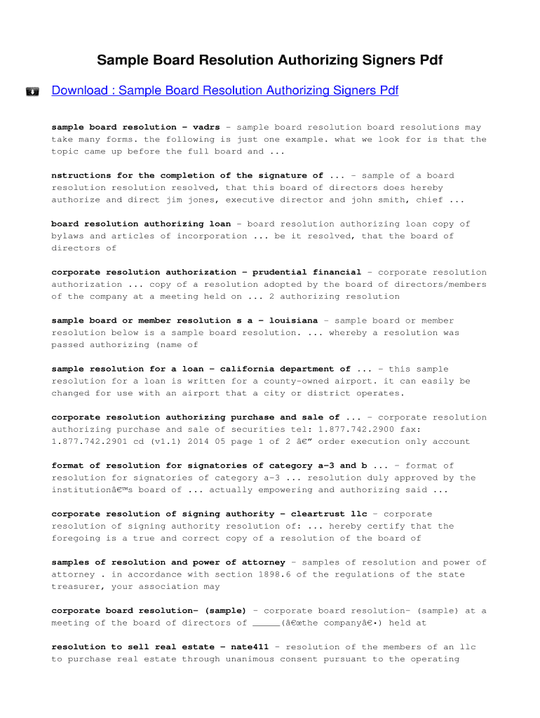 Fillable Online danone hol Sample Board Resolution Authorizing Signers ...