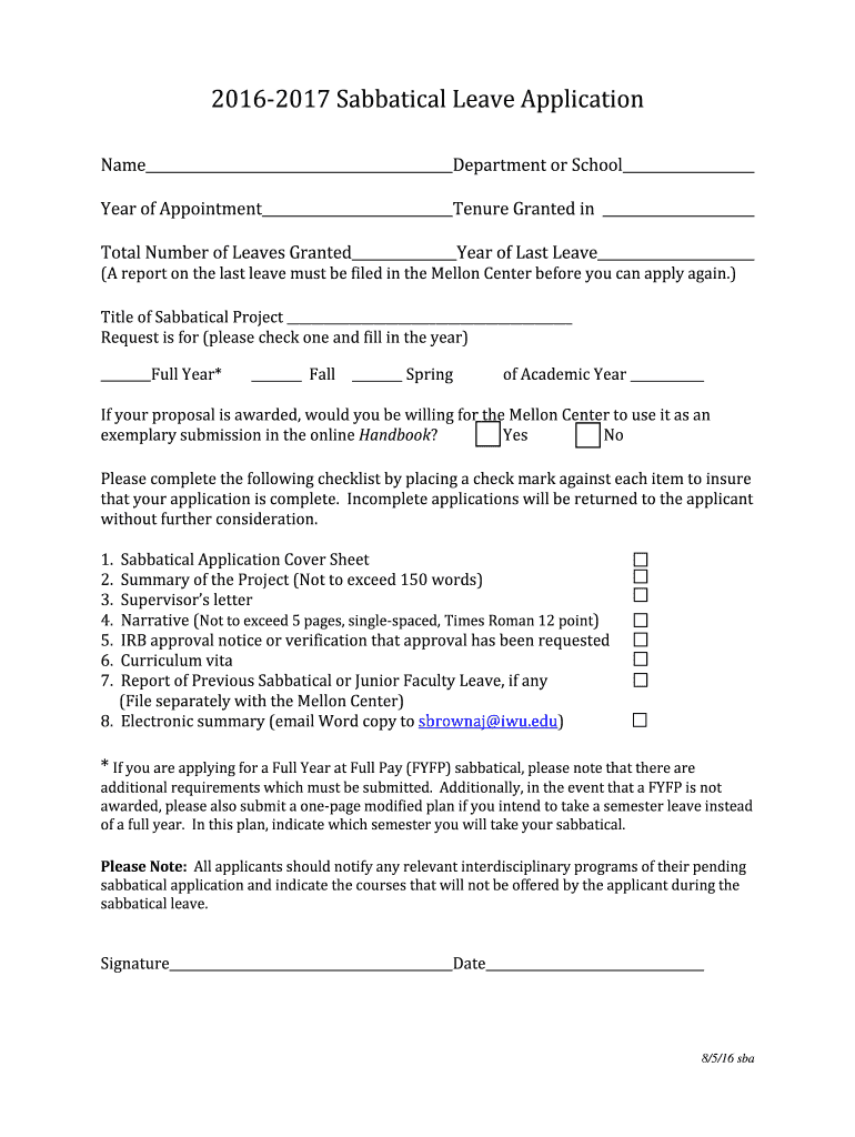 Fillable Online iwu 2016-2017 Sabbatical Leave Application Fax Email ...
