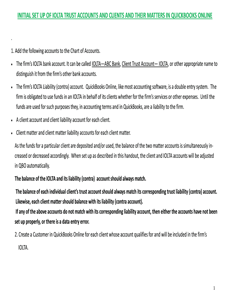 Fillable Online INITIAL SET UP OF IOLTA TRUST ACCOUNTS AND CLIENTS AND ...