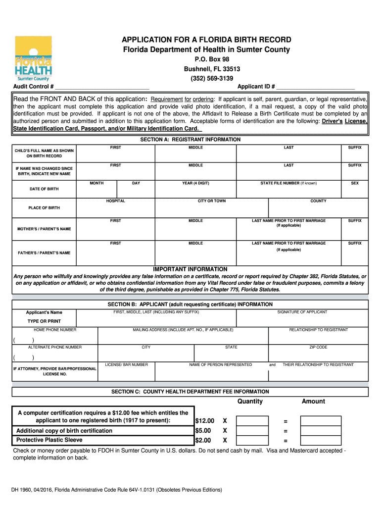 Fillable Online FOR A FLORIDA BIRTH RECORD Fax Email Print - pdfFiller