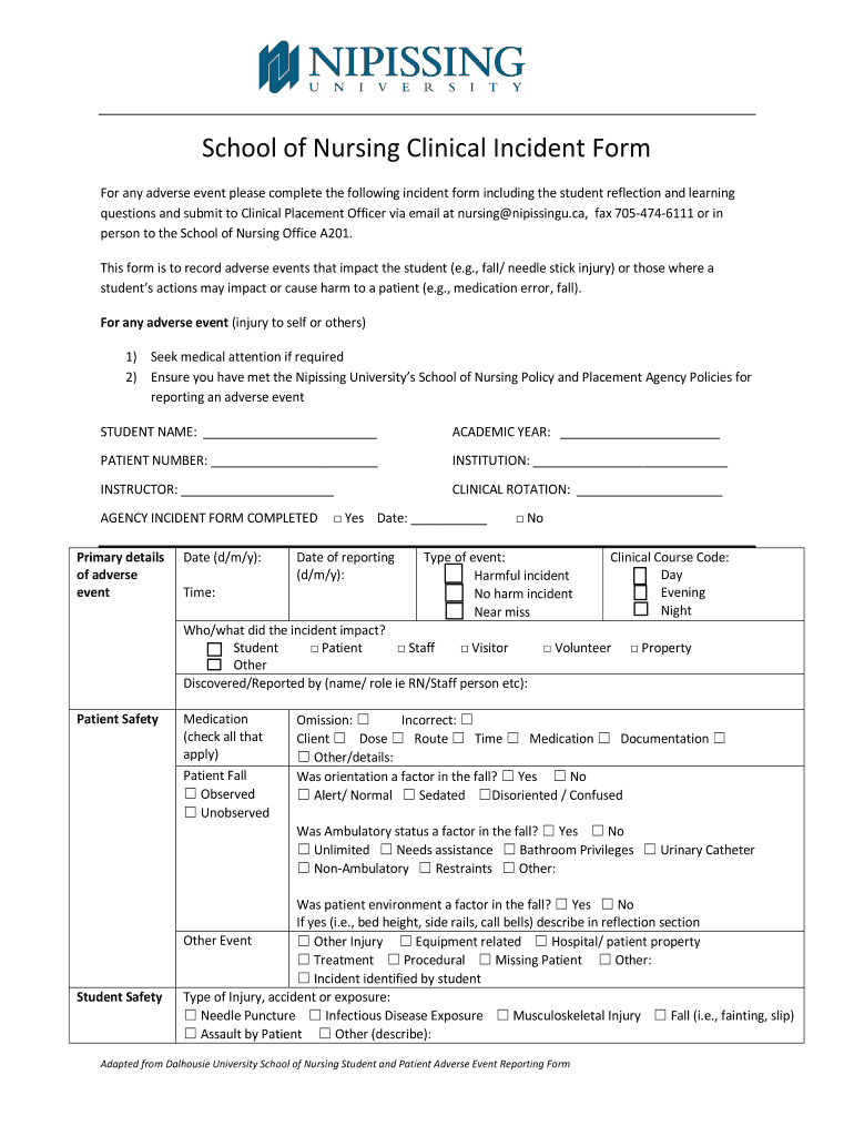 Fillable Online nipissingu School of Nursing Clinical Incident Form ...