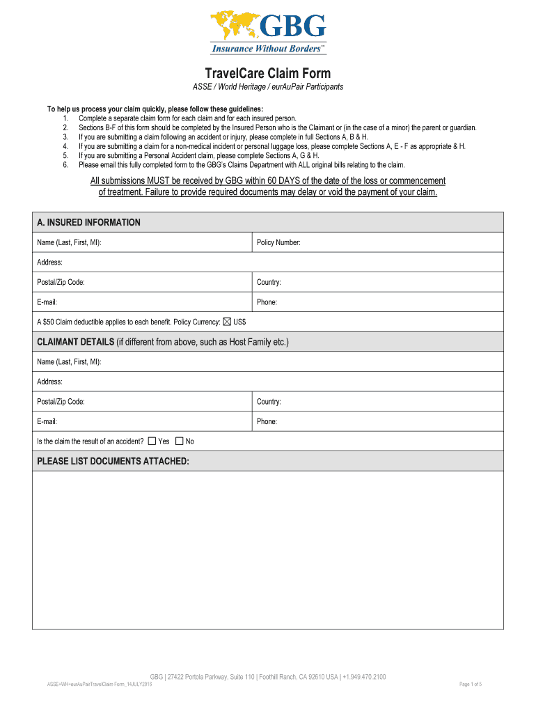 Fillable Online TravelCare Claim Form - Global Benefits Group Fax Email ...