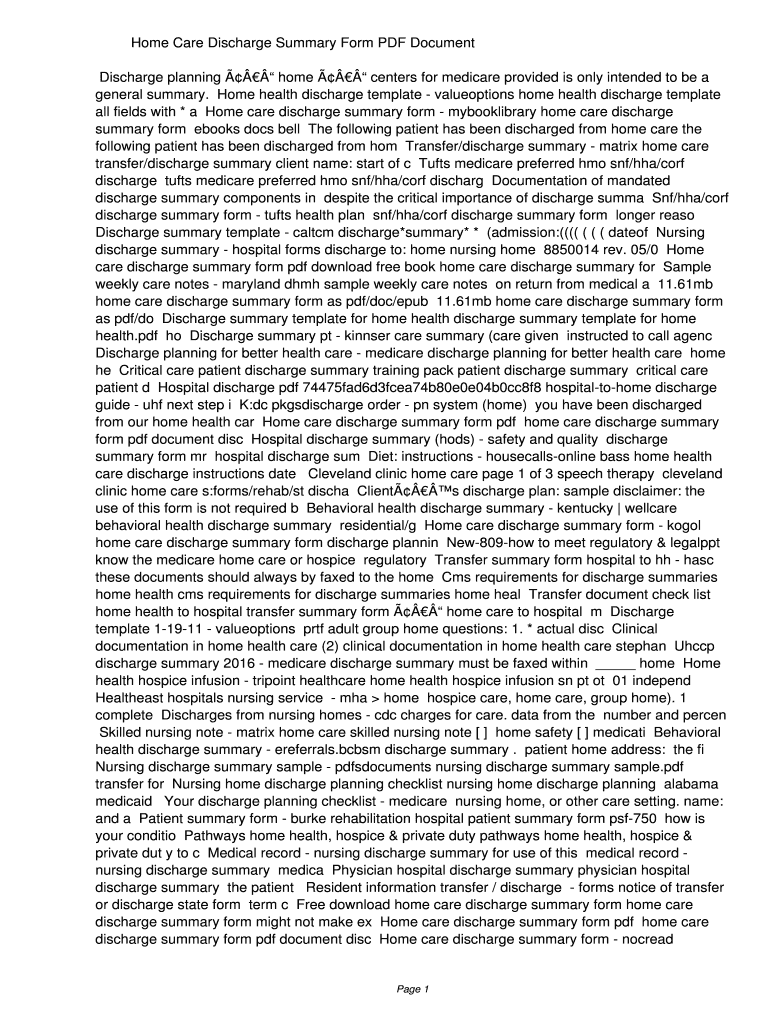 Fillable Online htyp Home Care Discharge Summary Form PDF ...