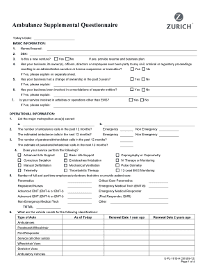 Fillable Online 1348243512Zurich Ambulance Supplemental Questionnaire ...
