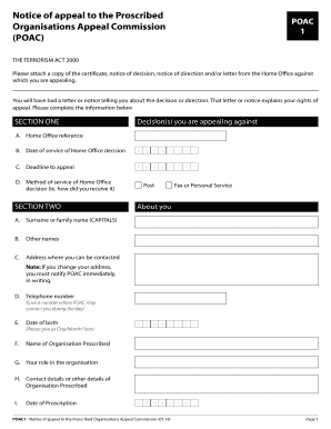 Fillable Online POAC1 - Notice of appeal to the proscribed ...