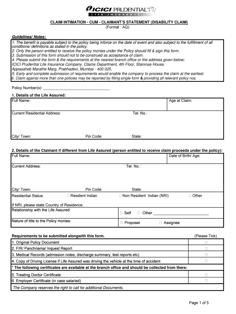 Fillable Online Claimant 's Statement Cum Intimation (Disability) Fax ...