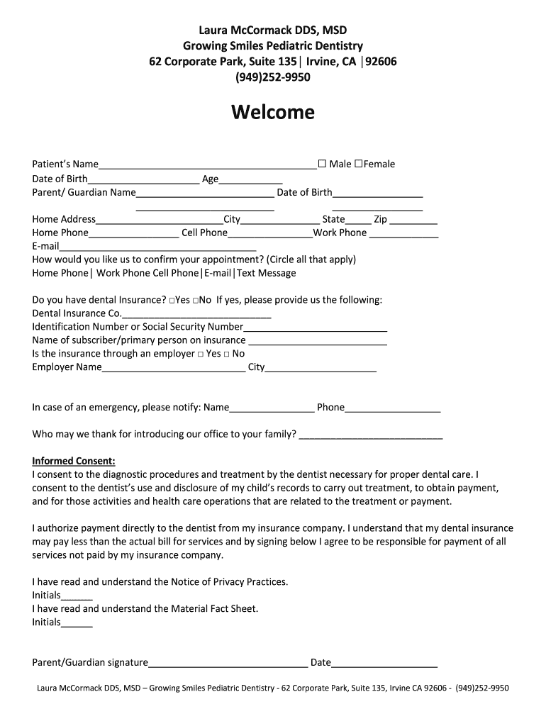 Fillable Online Laura McCormack DDS, MSD Growing Smiles Pediatric ...