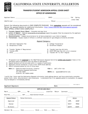 Fillable Online admissions fullerton Transfer Appeal Cover Sheet ...
