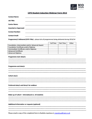 Fillable Online CIPD Student Induction Webinar Form 2013 Fax Email ...