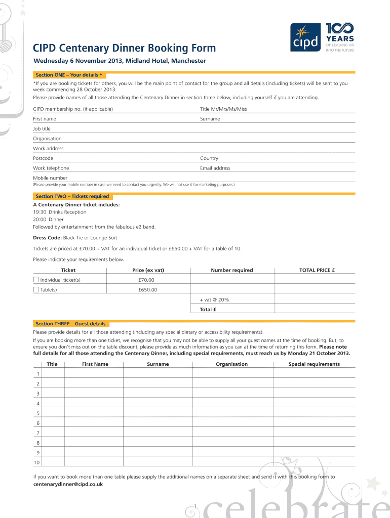 Fillable Online CIPD Centenary Dinner Booking Form Fax Email Print - pdfFiller