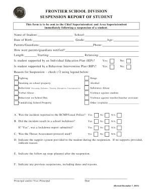 Fillable Online suspension report of student - Frontier School Division ...