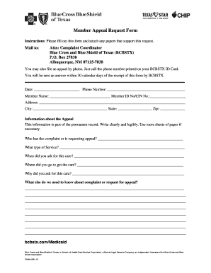Fillable Online Member Appeal Request Form - bcbstx.com Fax Email Print ...