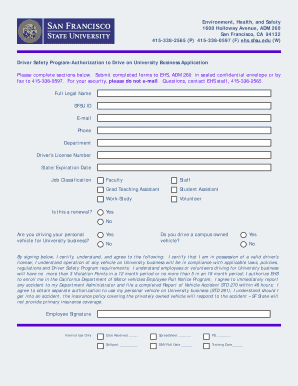Fillable Online ehs sfsu Driver Safety Program-Authorization to Drive ...