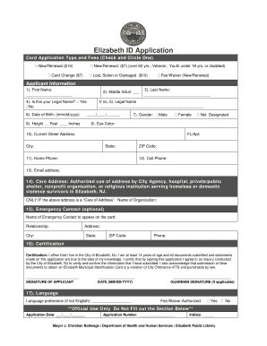 Fillable Online elizabethnj Elizabeth ID Application Fax Email Print ...