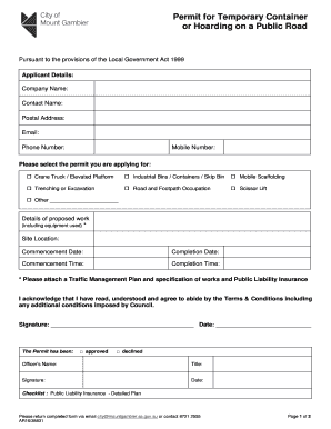 Fillable Online mountgambier dcw lga sa gov Permit for Temporary Container or Hoarding on a ...