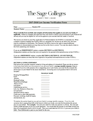 Fillable Online sage 2017-2018 Low Income Verification Form - sage Fax ...