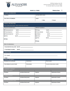 Fillable Online alexanderacademy MEDICAL FORM Medical Alert ...