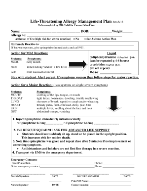 Fillable Online Life-Threatening Allergy Management Plan Rev.8/16 Fax ...