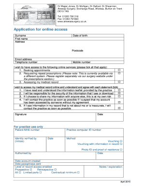 Fillable Online alrewassurgery co Application for online access ...