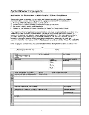 Fillable Online damascus vic edu Application for Employment Teaching Position. Application form ...