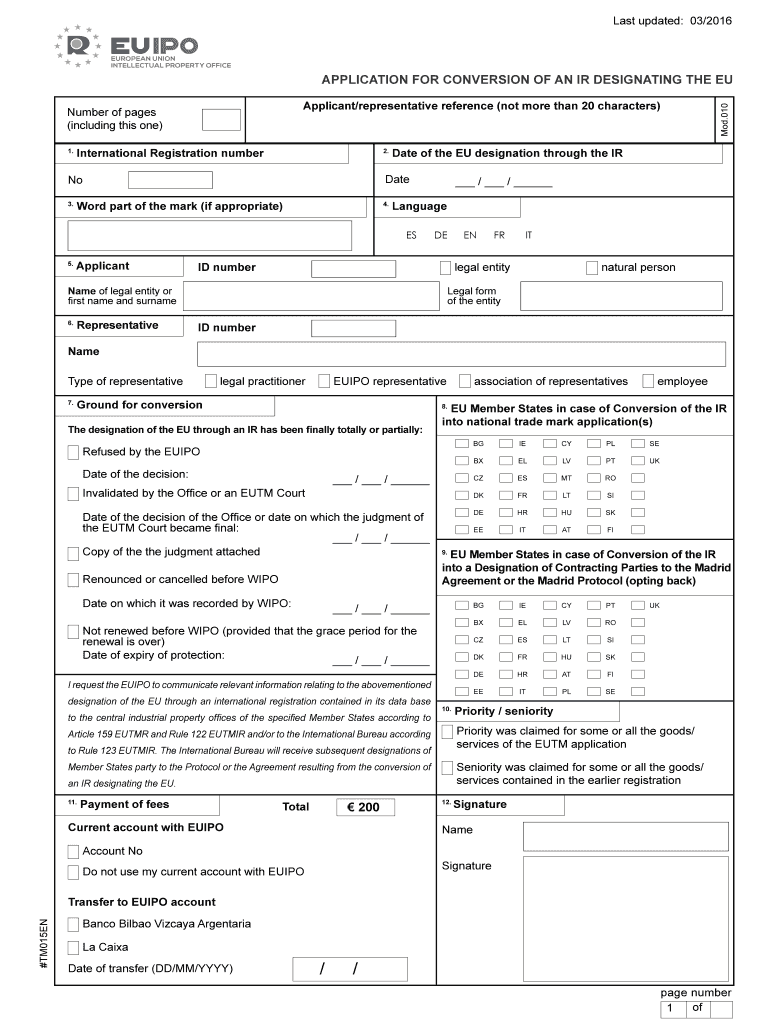 Fillable Online oami europa APPLICATION FOR CONVERSION OF AN IR ...