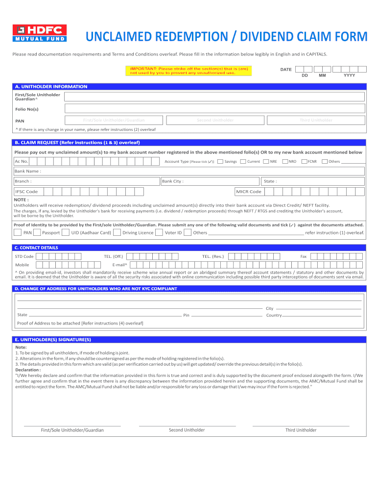 Fillable Online Unclaimed redemption / dividend claim form - HDFC ...