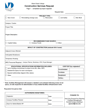Fillable Online mdc Miami Dade College Construction Services Request ...