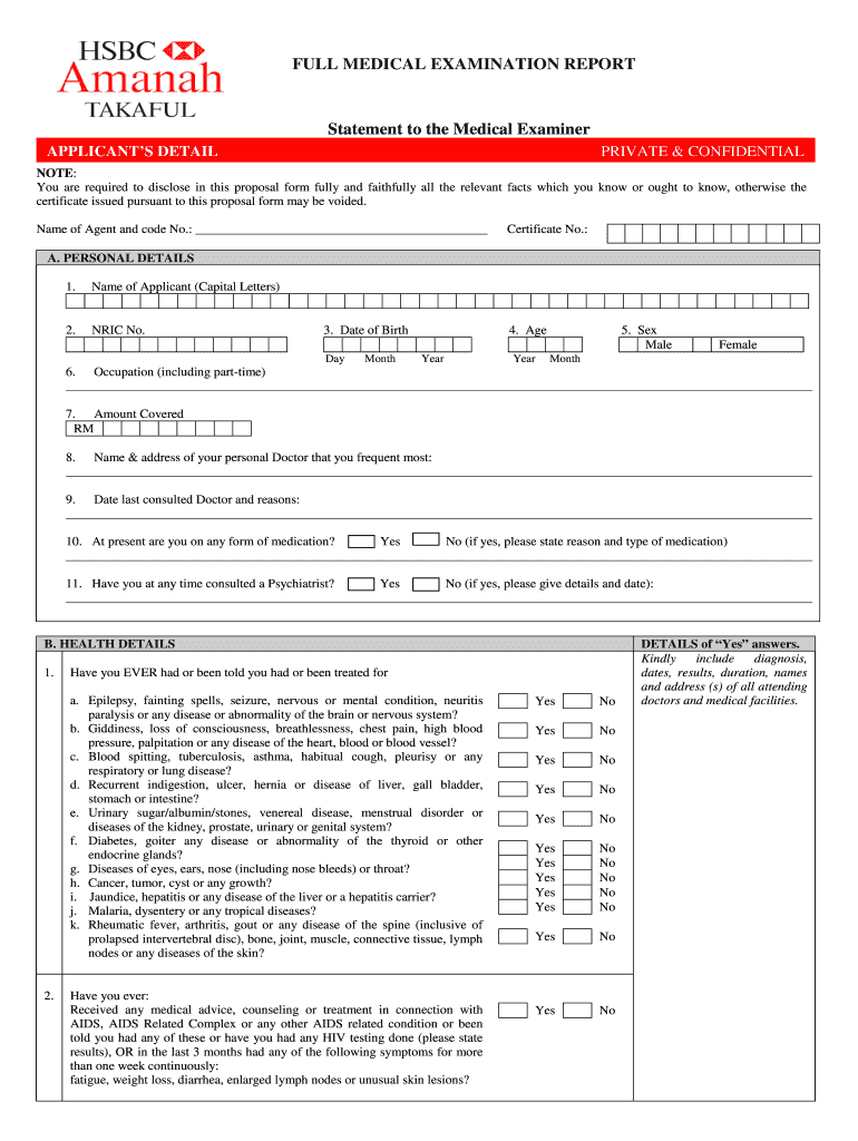 Fillable Online FULL MEDICAL EXAMINATION REPORT Statement to the ...