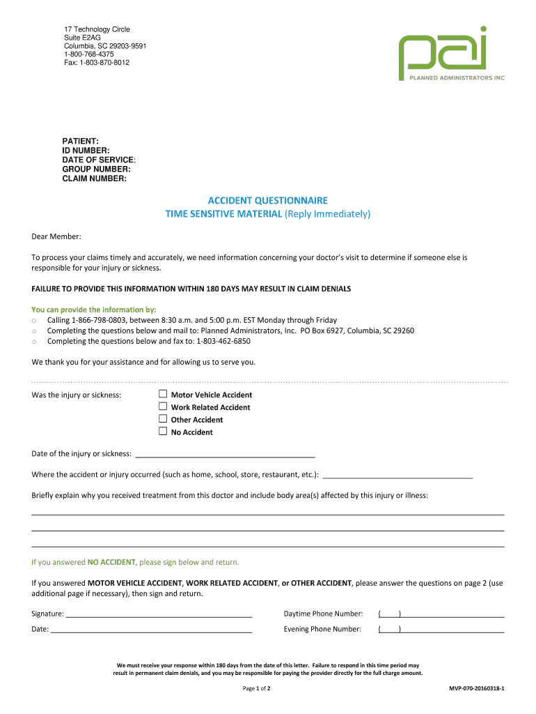 Fillable Online ACCIDENT QUESTIONNAIRE TIME SENSITIVE MATERIAL (Reply ...