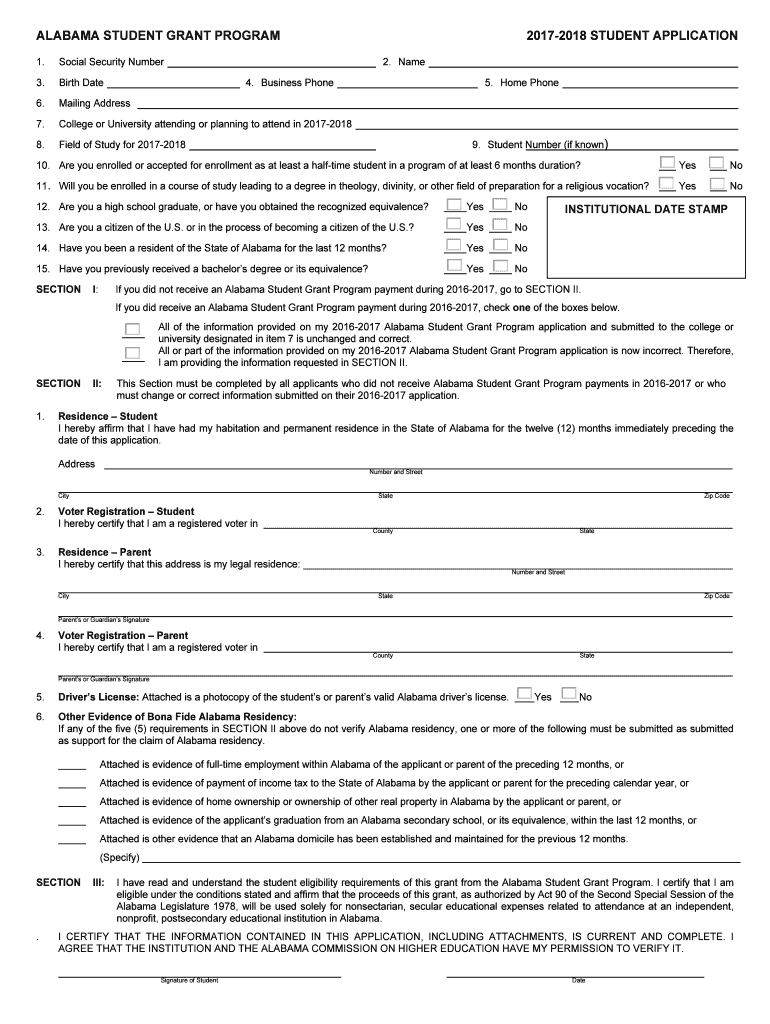 Fillable Online ache state al ALABAMA STUDENT GRANT PROGRAM FORM 2011 ...
