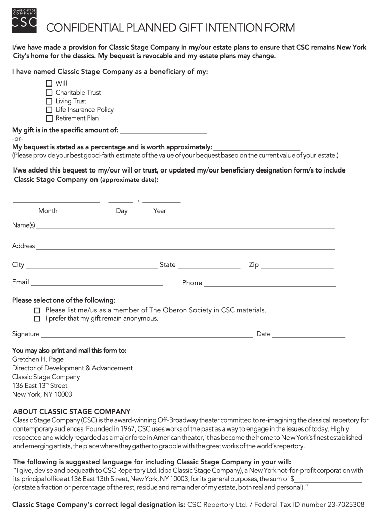 Fillable Online classicstage CONFIDENTIAL PLANNED GIFT INTENTION FORM ...